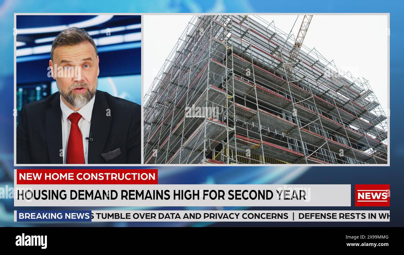 Split Screen TV News Live Report: Anchor Talks. Reportage Montage: Real ...