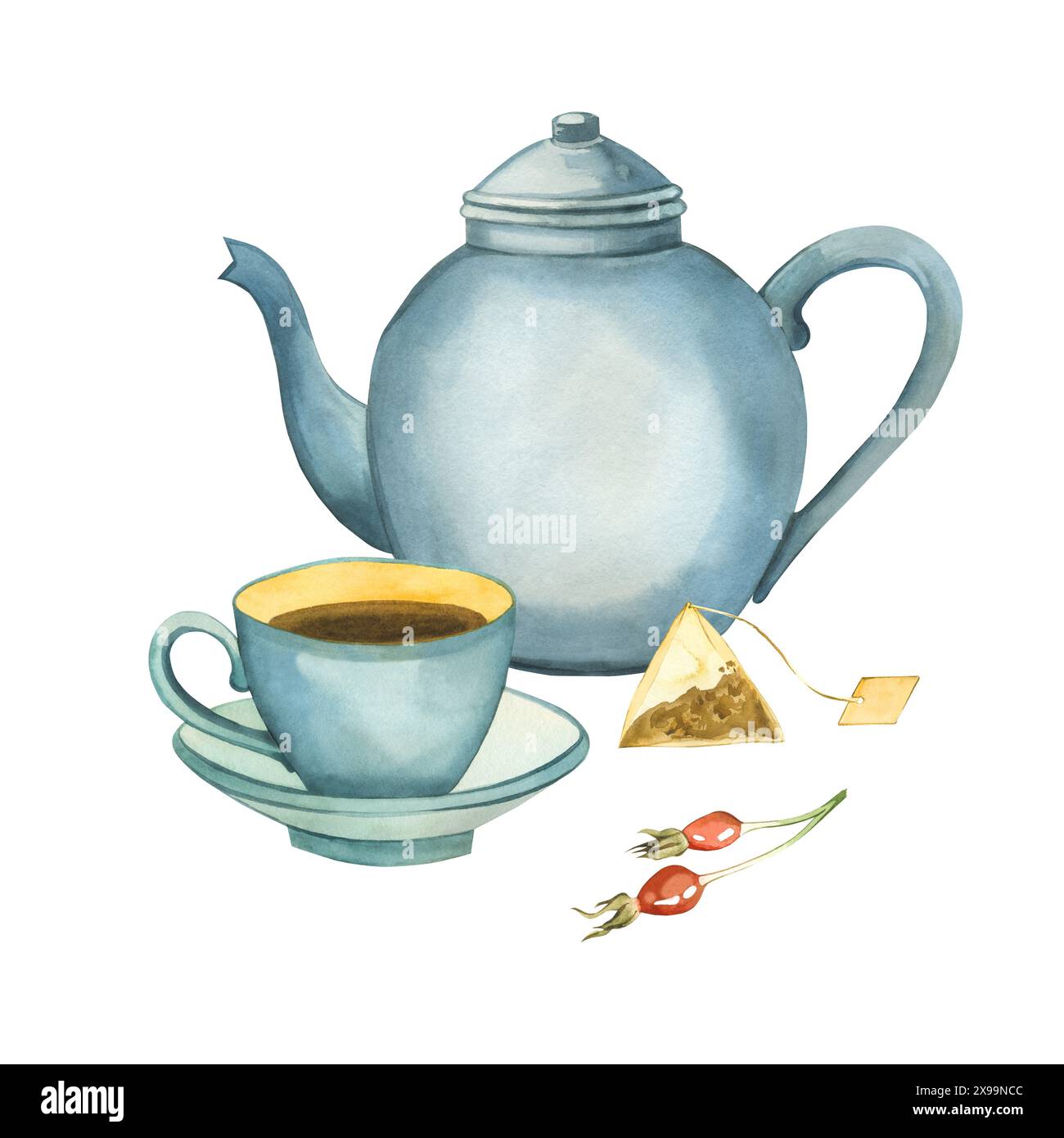 Kitchen teapot and blue porcelain cup, rose hips, tea bag. All objects ...