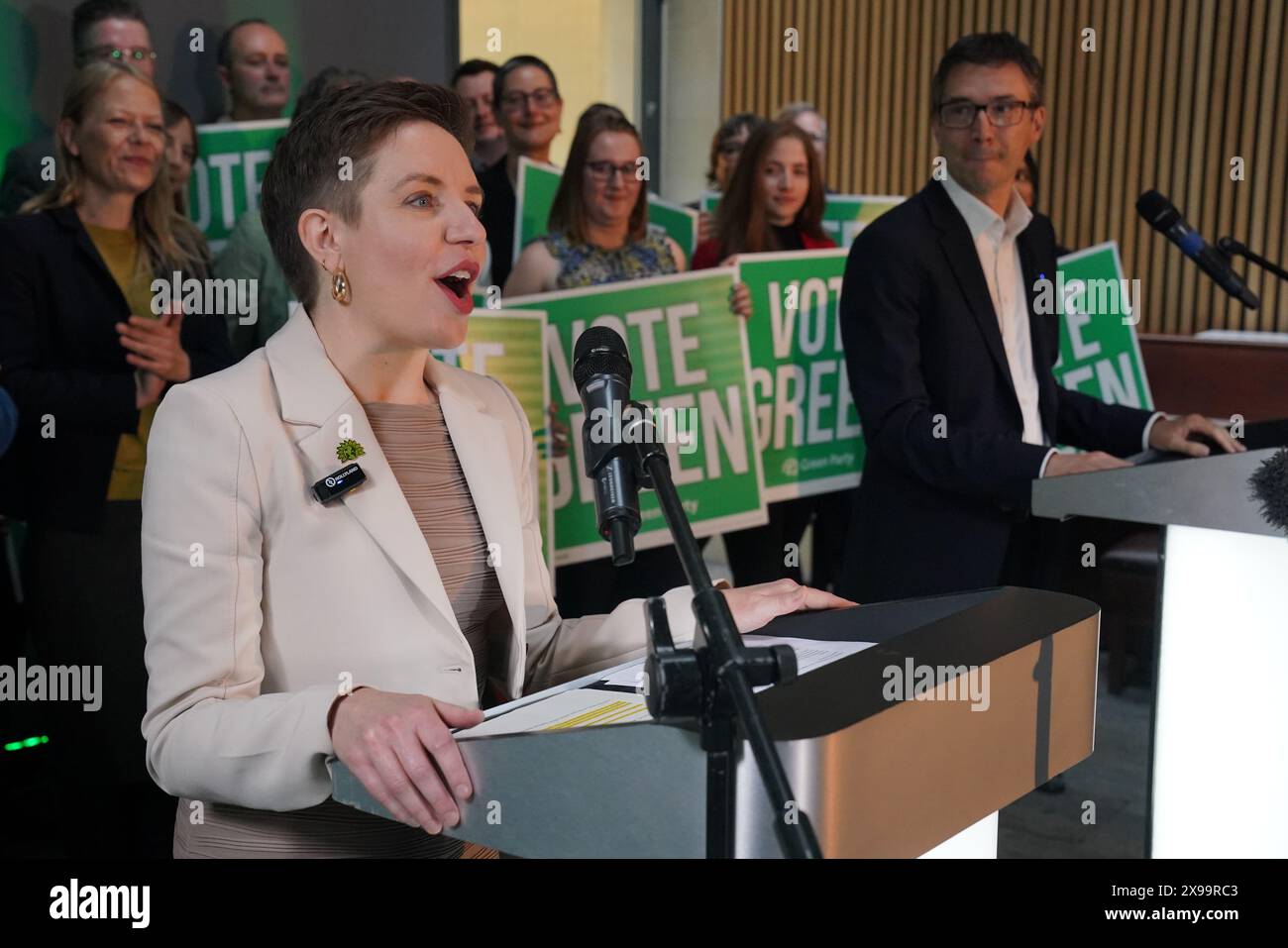 Green Party co-leaders Carla Denyer and Adrian Ramsay speaking during ...