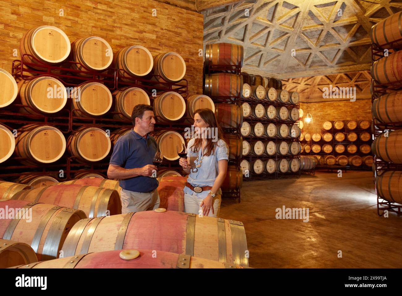 Wine cellar, Aging wine storage in barrels , Olarra winery, Rioja ...