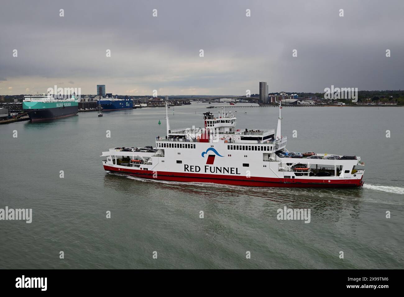 Red Funnel ferry Red Eagle arriving at the port of Southampton under a ...
