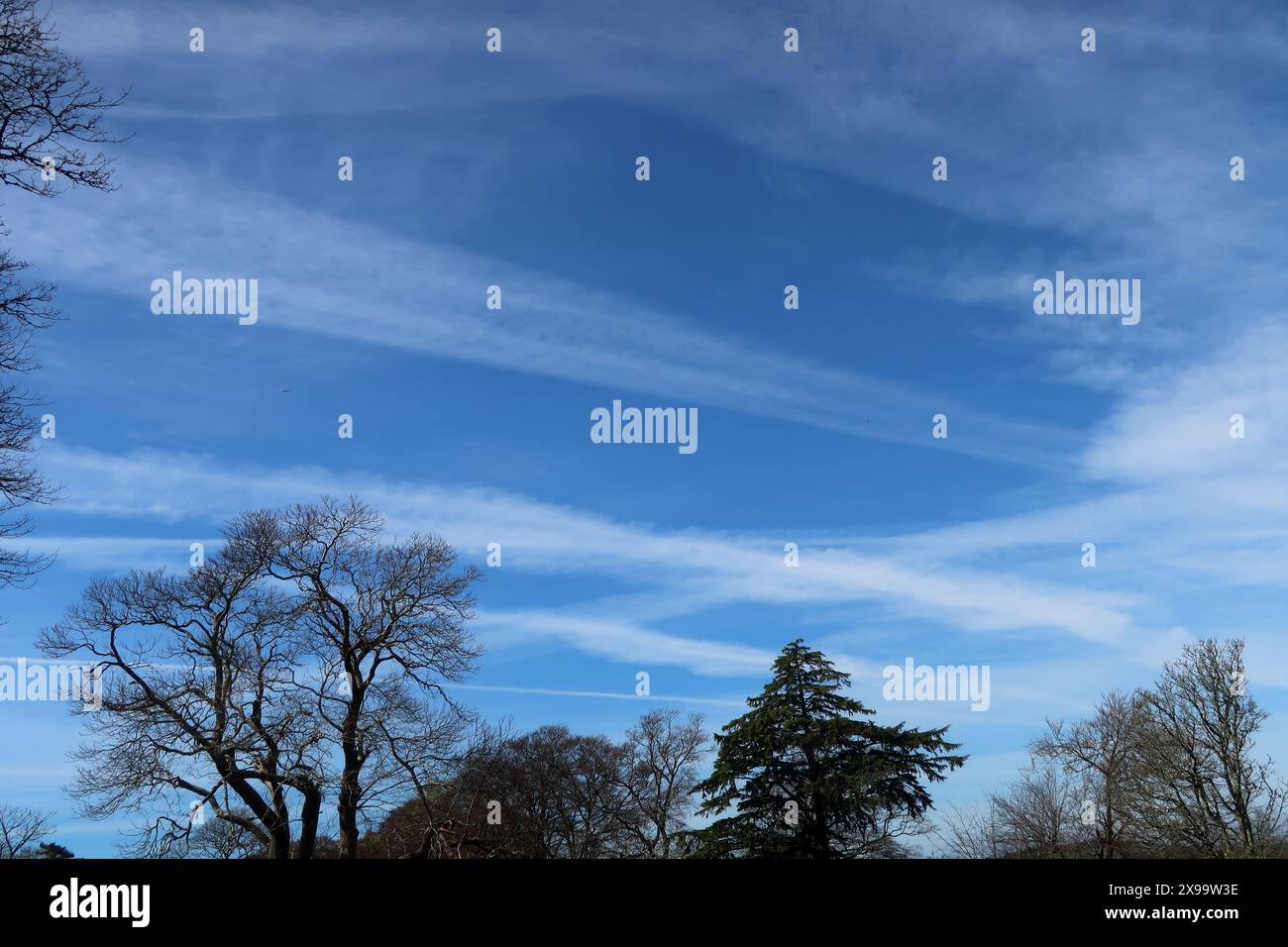 Clouds and aircraft vapour trails (contrails) in blue sky Stock Photo ...