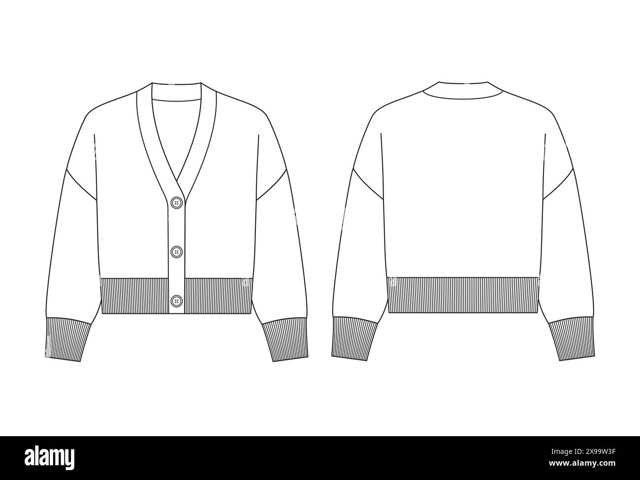 Vector fashion technical drawing of a cardigan with front and back view ...