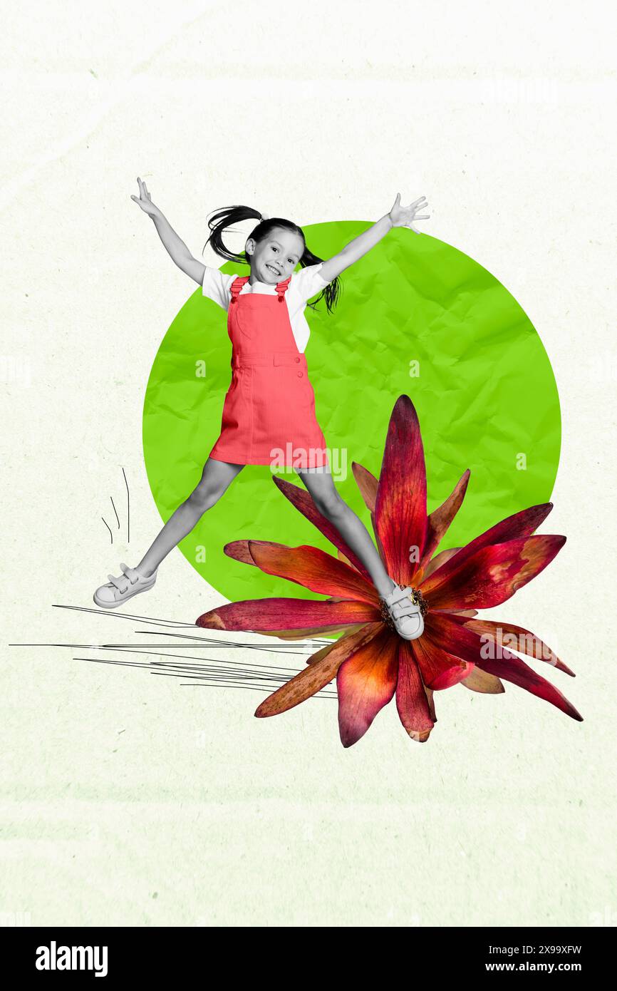 Composite collage image of funny little girl jumping flower have fun ...