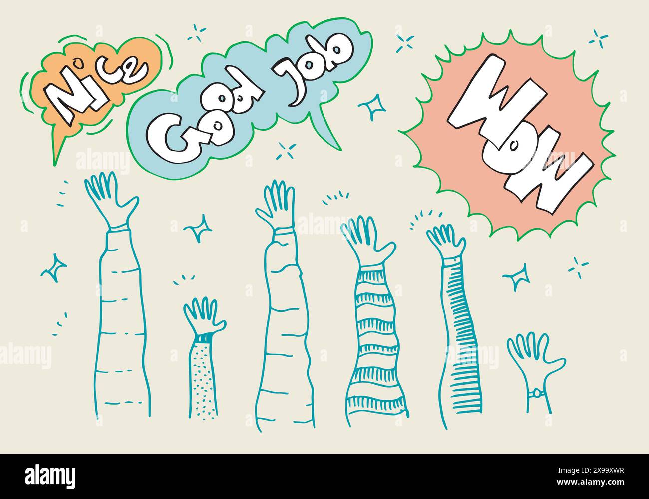 Applause hand draw on white background with wow,nice,good job text ...