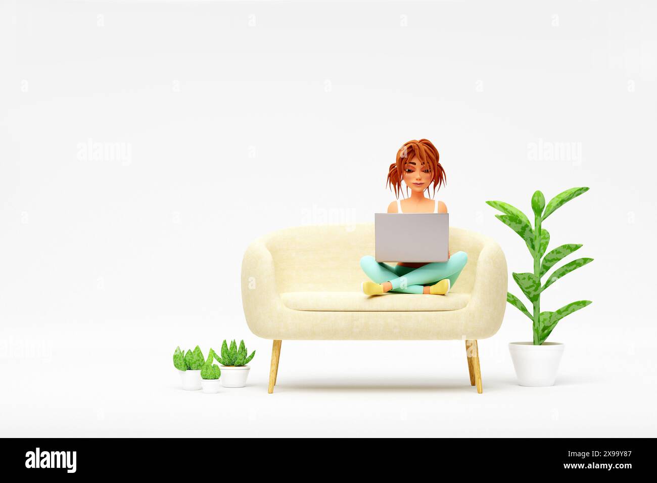 Cartoon smiling girl sitting on sofa and using laptop. Distance work ...