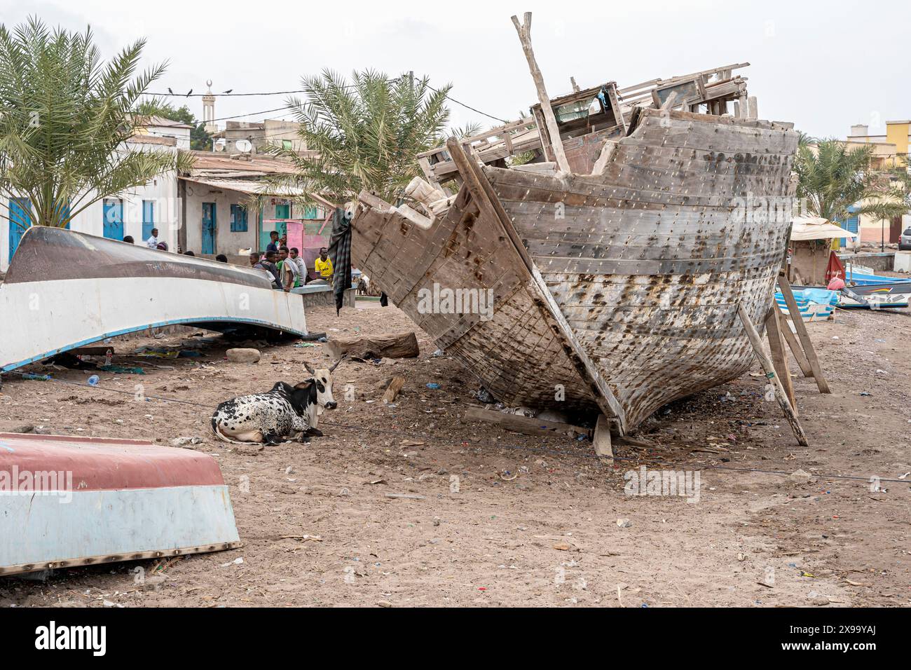 Waterfront of Tadjoura with beach, boats and people, Republic of ...
