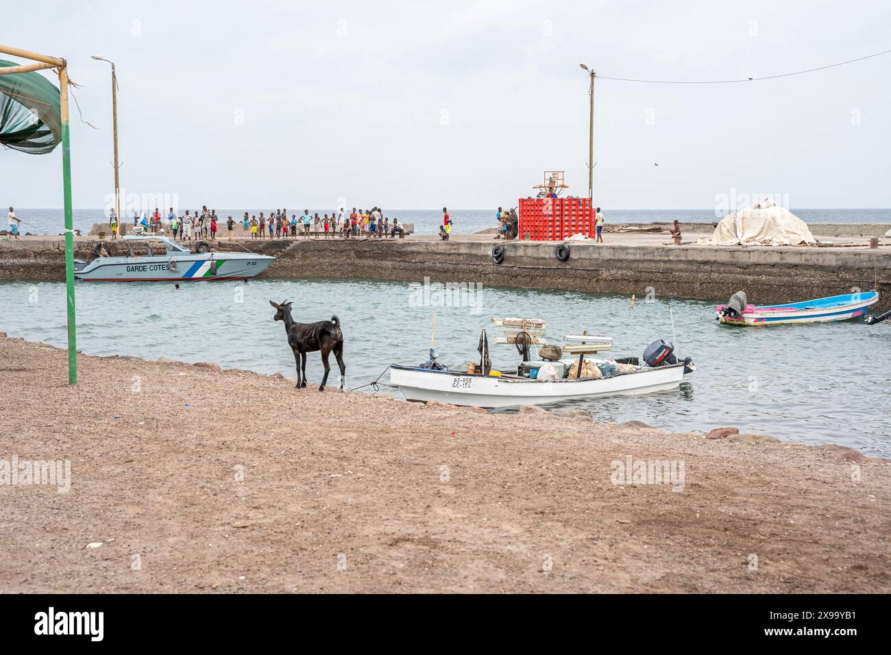 Waterfront of Tadjoura with beach, boats and people, Republic of ...