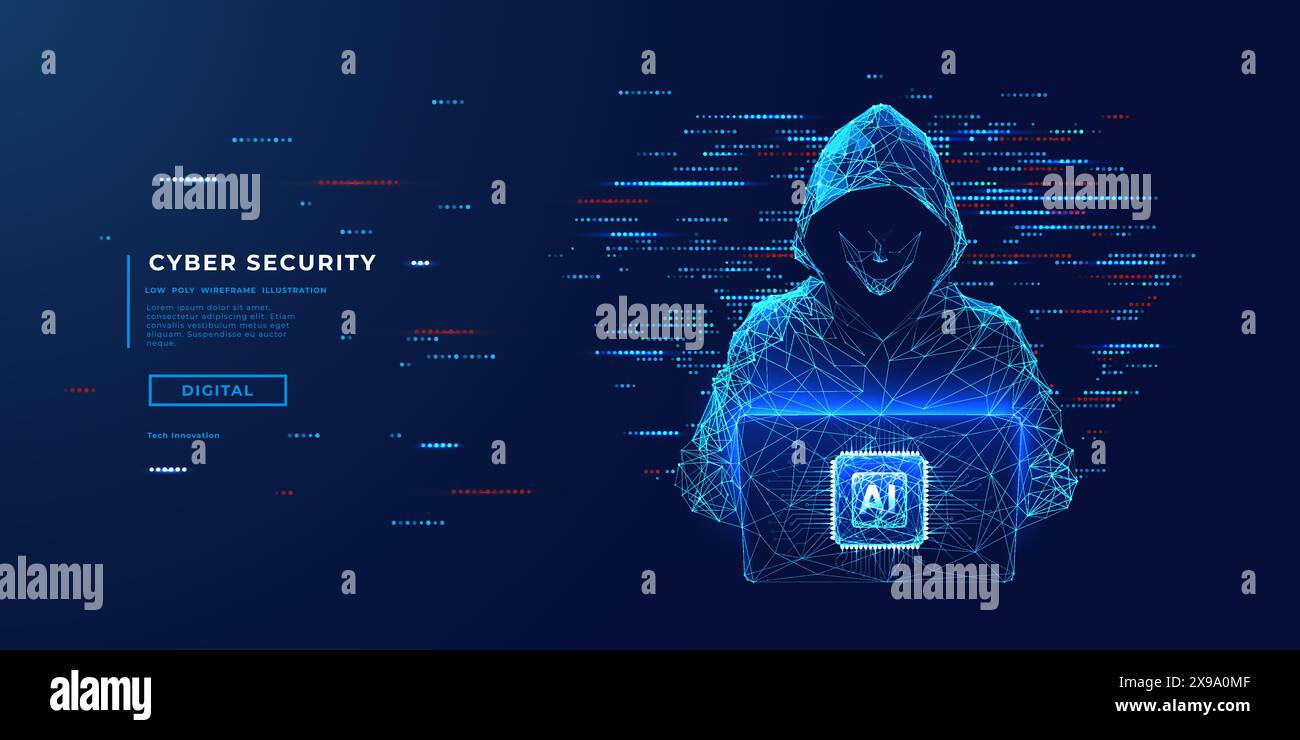 Abstract digital anonymous hacker with light blue laptop and AI chip ...