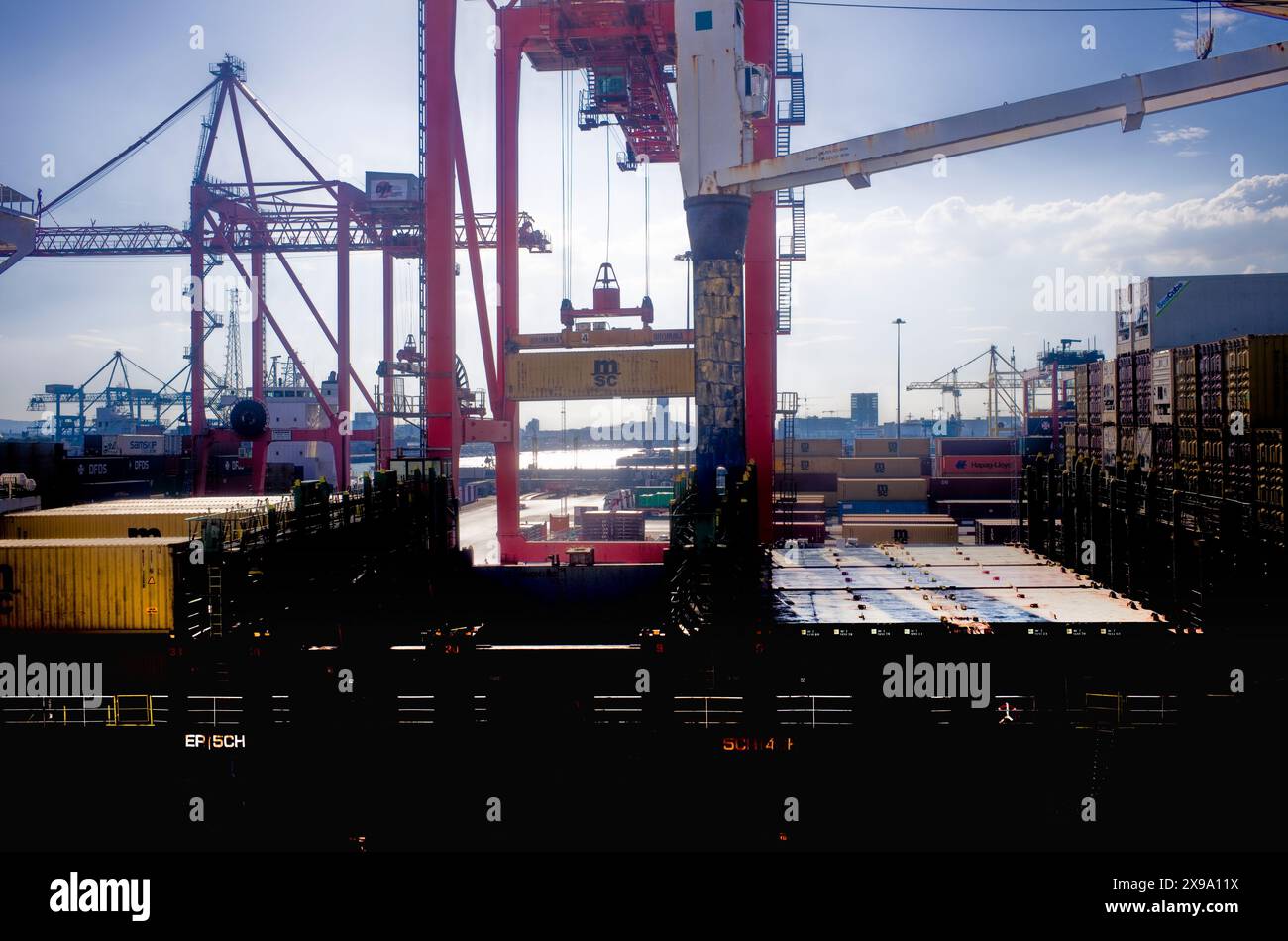 Busy container port in action coming into Dublin harbour Stock Photo ...