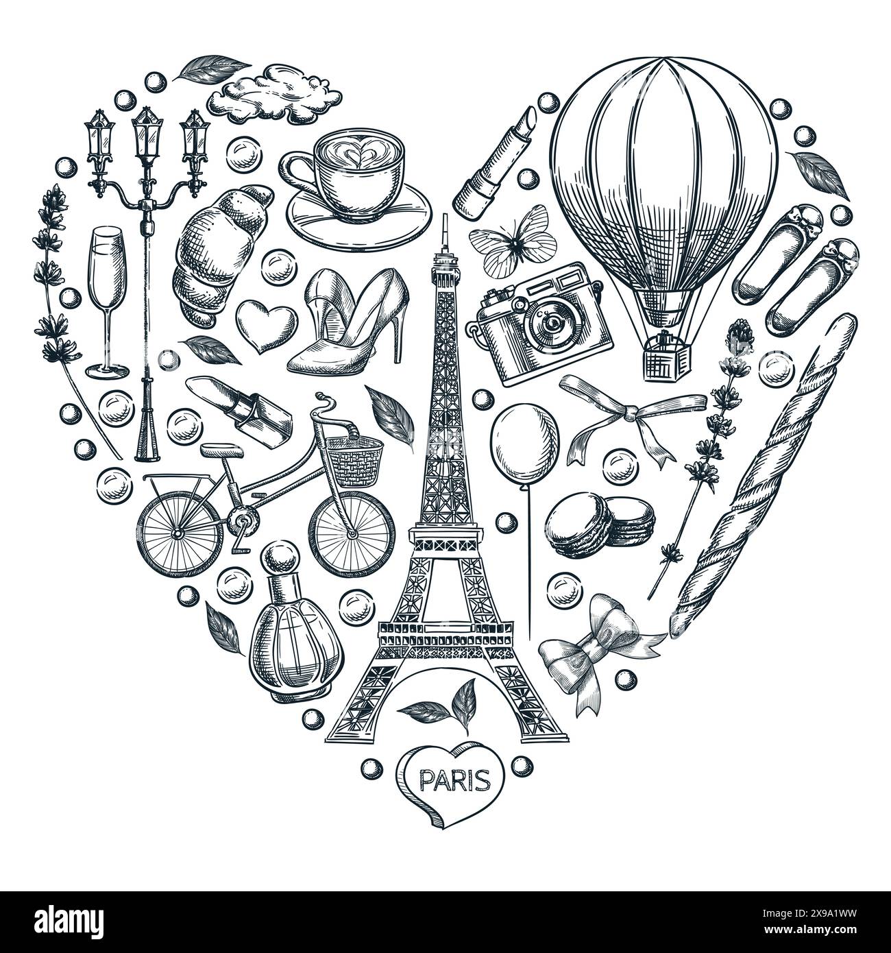 Paris symbols in heart shape poster, banner, label design template ...