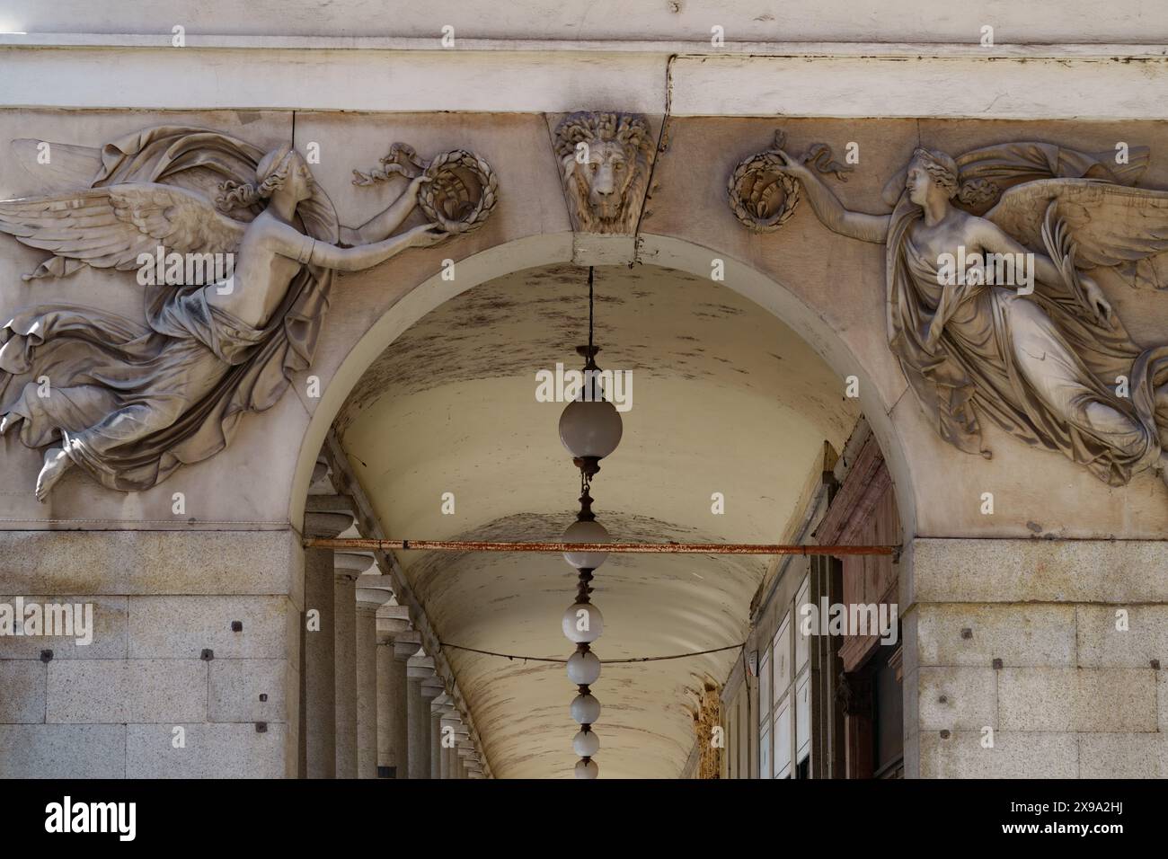 Exterior of historic buildings of Novara, Piedmont, Italy, along via ...