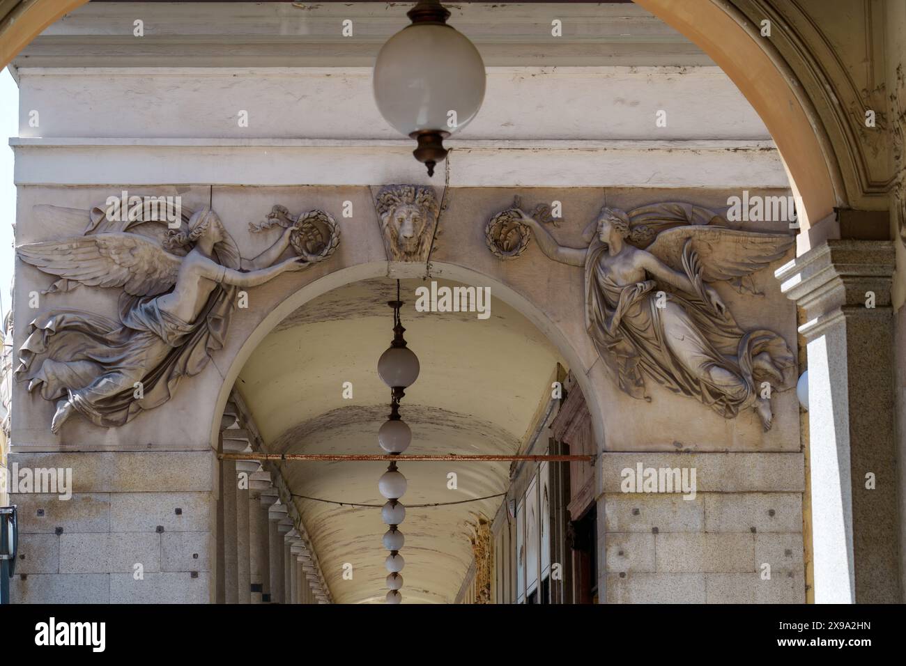Exterior of historic buildings of Novara, Piedmont, Italy, along via ...