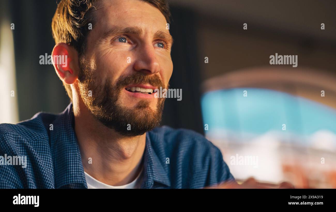Close Up Portrait of Handsome Man Spending Time at Home, Sitting on a ...