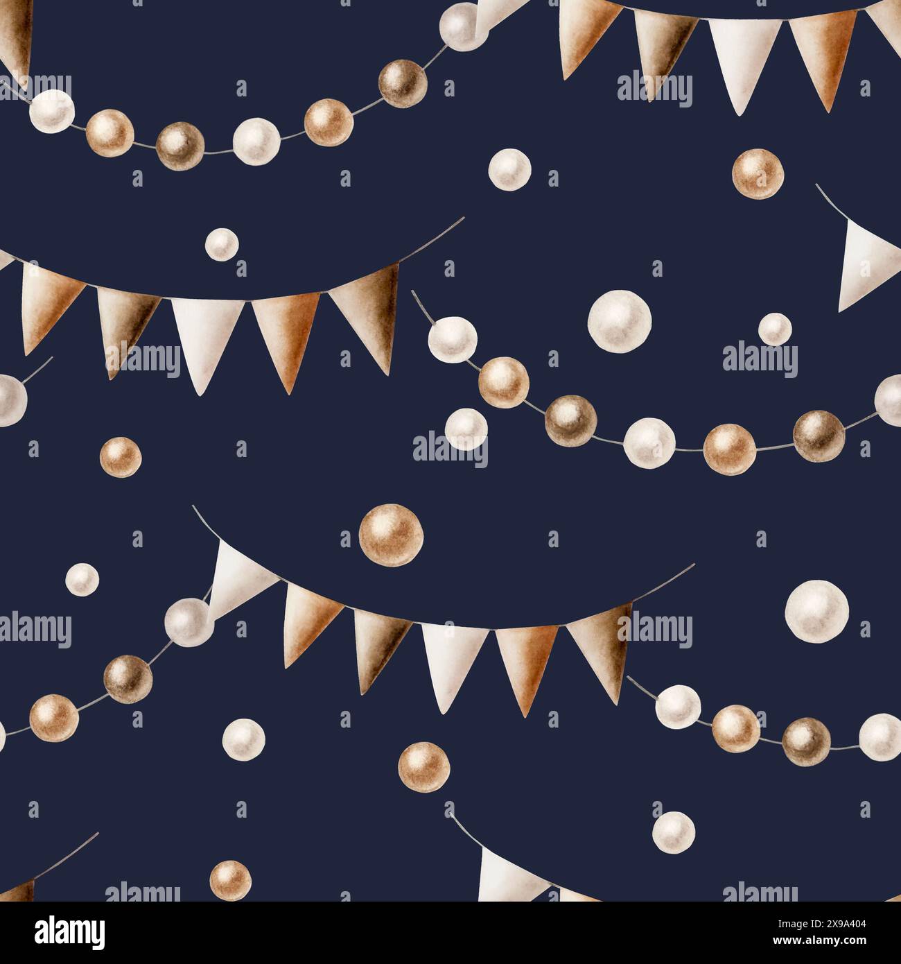 Birthday seamless pattern with garland of brown and beige flags, balls ...