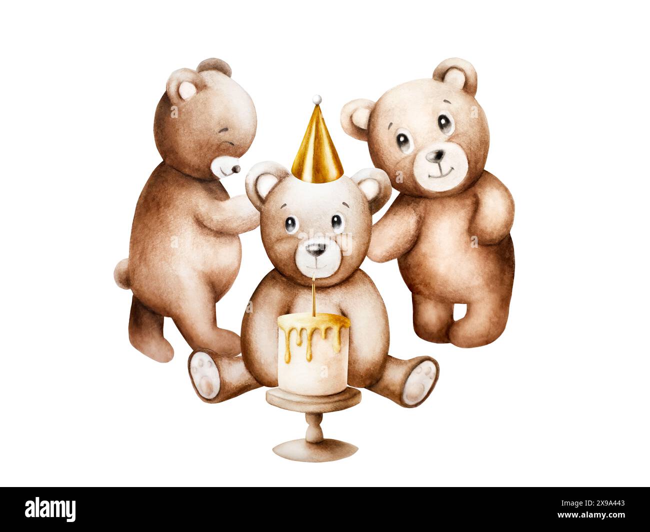 Watercolor cute cartoon teddy bears with golden birthday, holiday cap ...