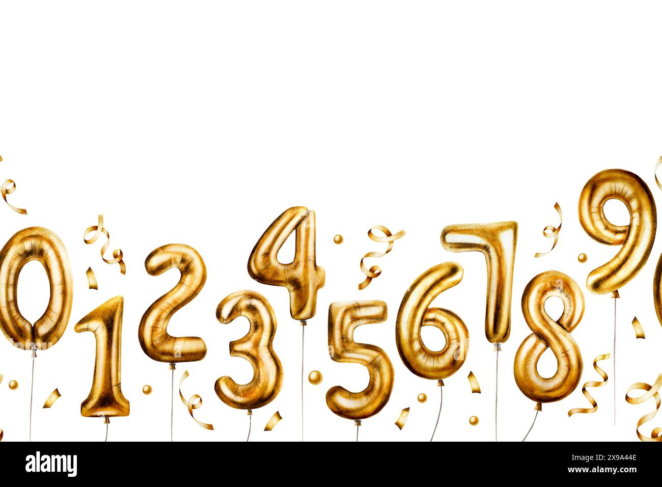 Seamless frame with golden foil balloons digits 0-9. Hand drawn ...