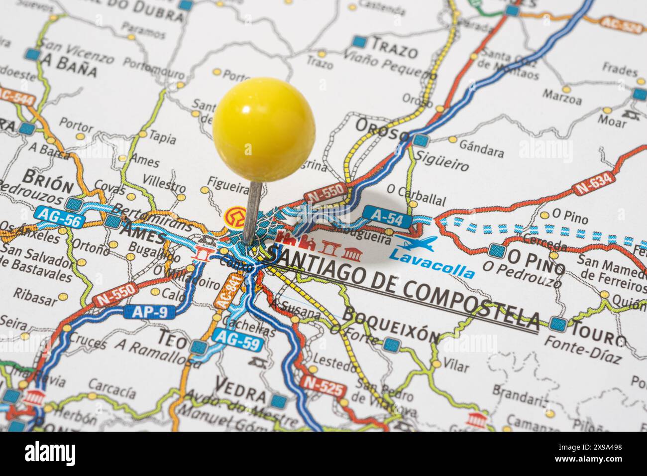 Thumbtack pinned on the city of Santiago de Compostela on a map Stock Photo - Alamy