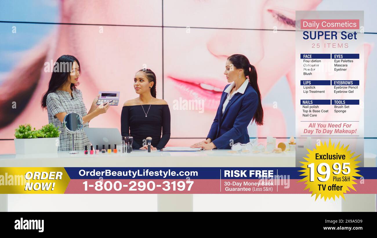 TV Shop Infomercial Program: Female Host, Beauty Expert uses Eyeshadow ...