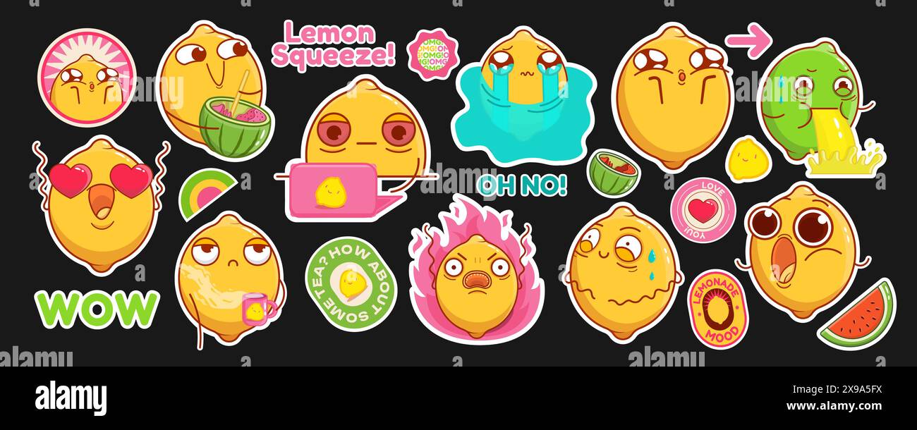 A big set of stickers with cute, emotional lemons. Comic elements in ...