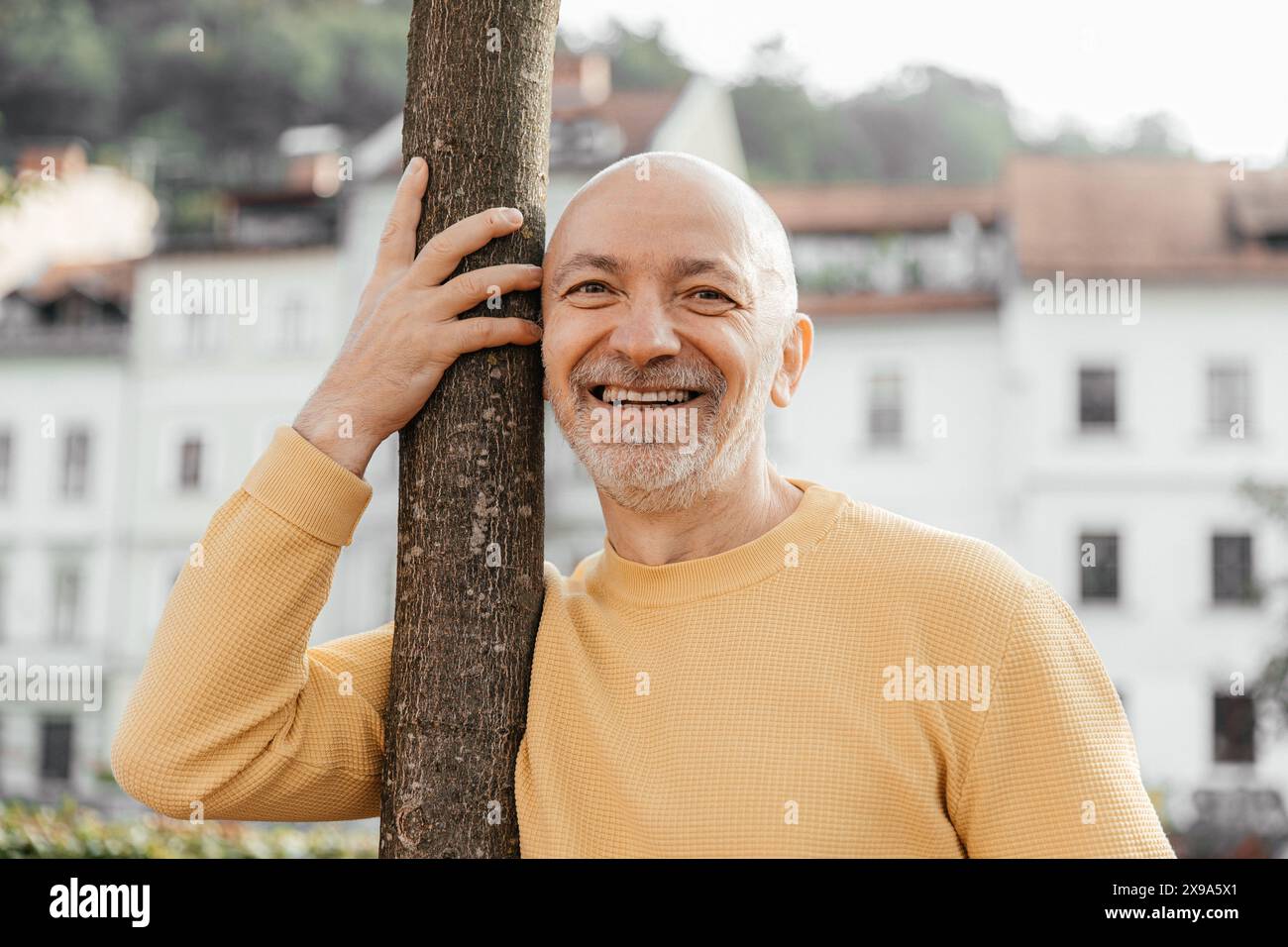 Senior Man in Yellow Sweater Smiling and Leaning Against Tree in Urban ...