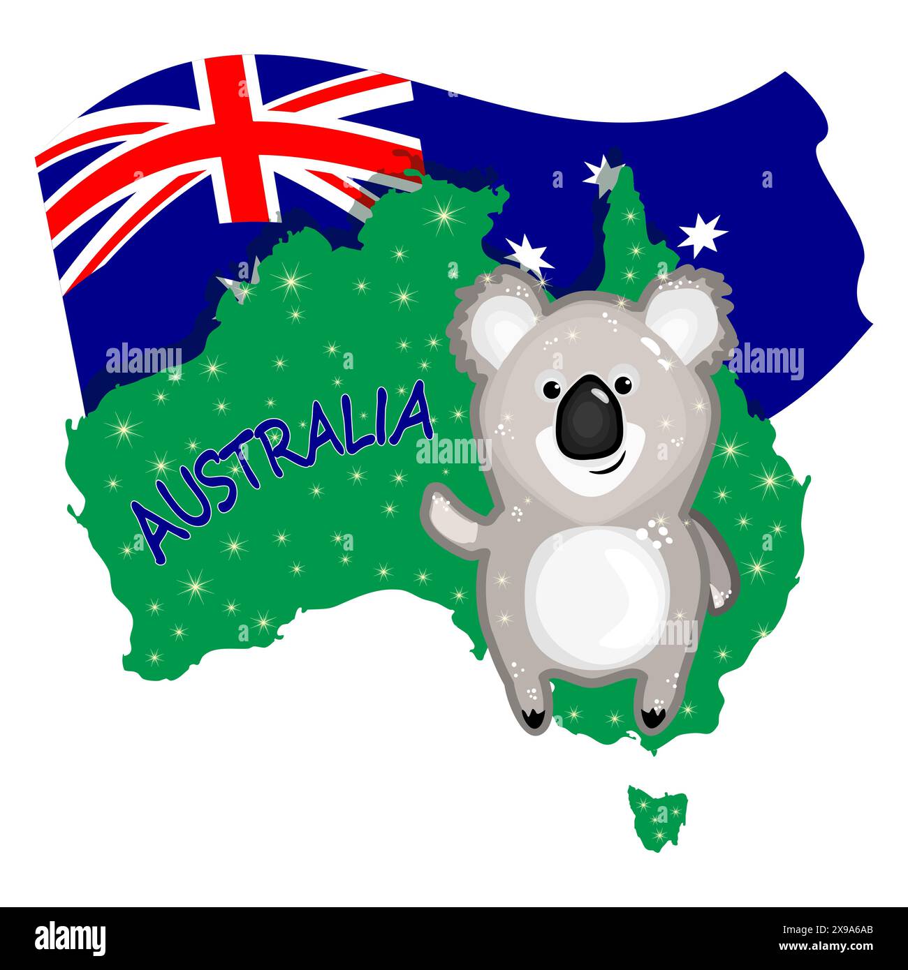 Koala on Australia map with flag on white background.Australia day ...