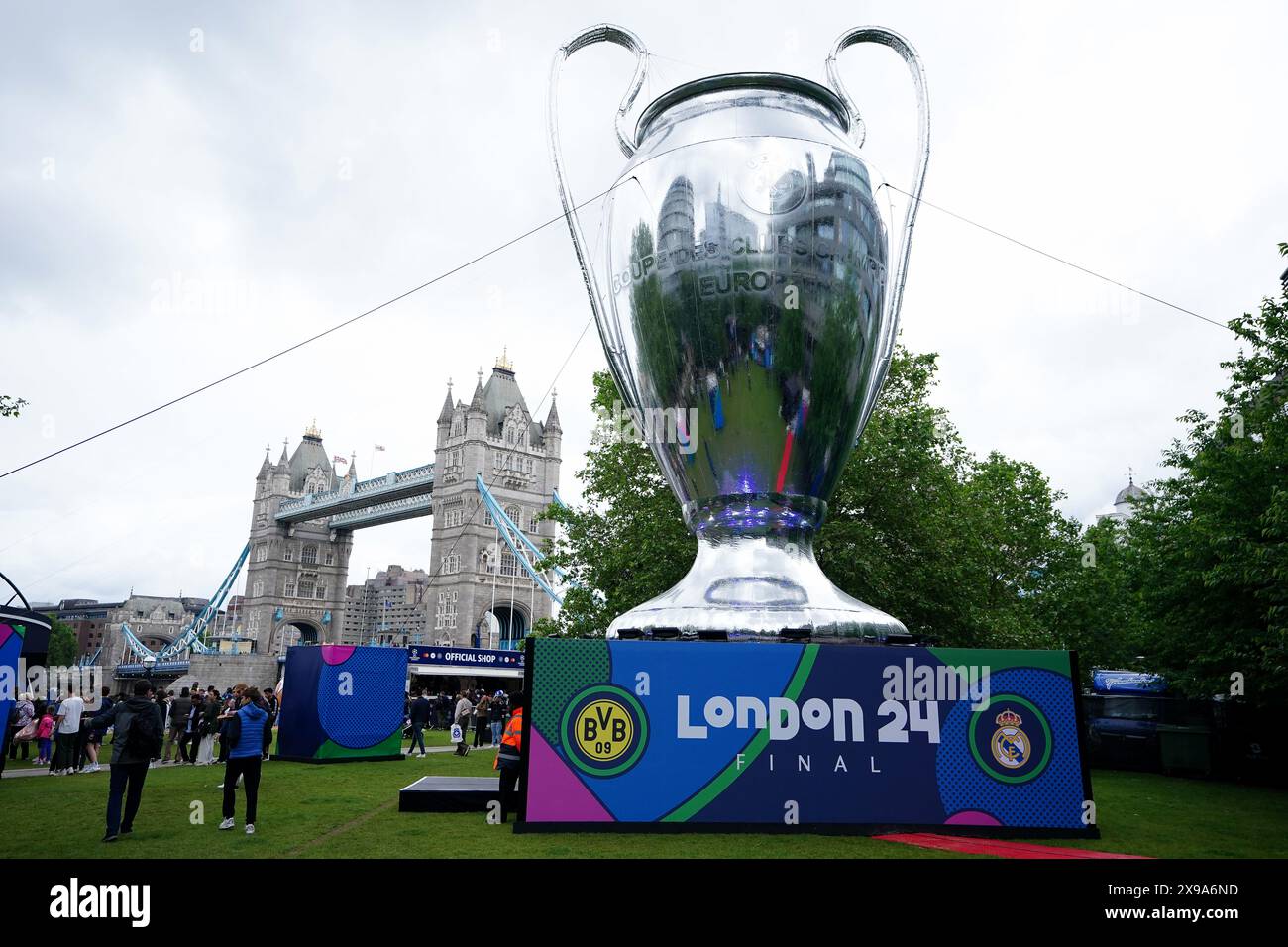 A general view of a replica UEFA Champions League trophy next to Tower ...