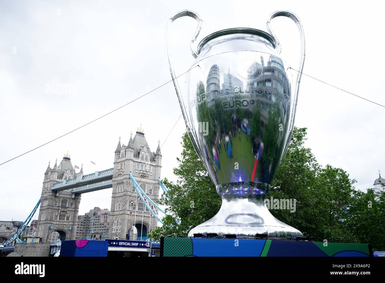 A general view of a replica UEFA Champions League trophy next to Tower ...
