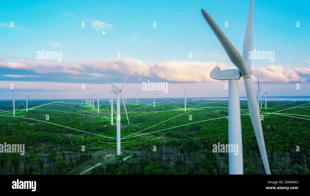 Scenic Aerial Drone Footage of Environmental Wind Turbines in a Forest ...