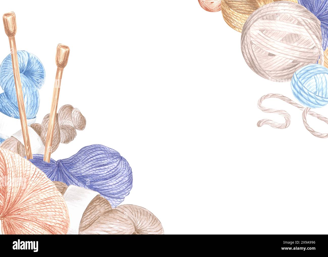 Yarn balls and skeins of wool, knitting needles and crochet hooks ...