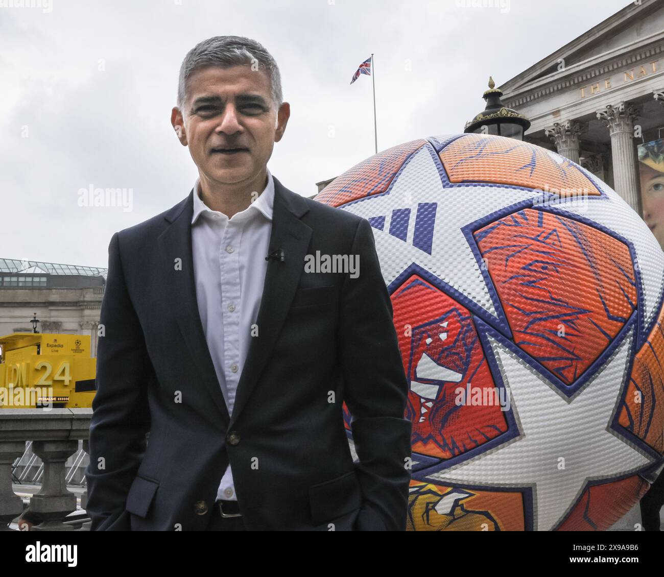 London, UK. 30th May, 2024. The Mayor poses with a giant football ...