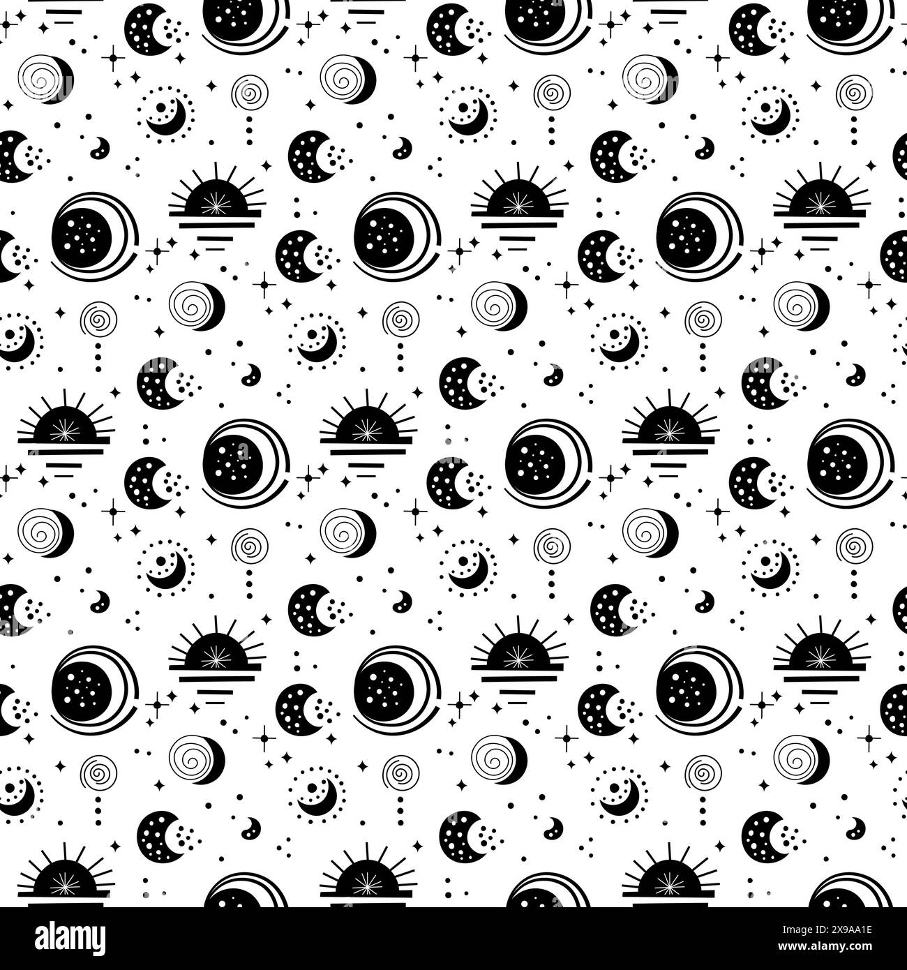 Seamless neo folk patterns with moon, cloud, sun and stars, black and ...