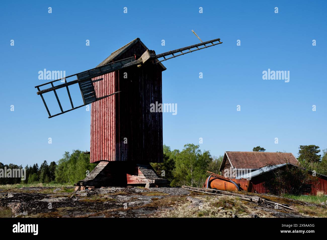 WINDMILL, LUMPARLAND, ÅLAND: A wind damaged windmill on a farm in the ...