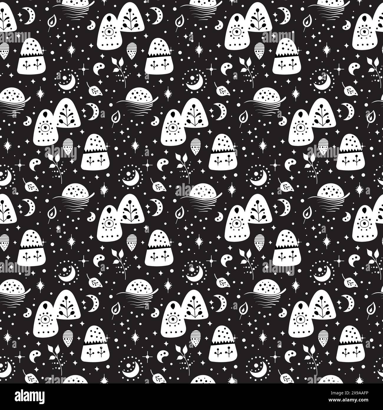 Seamless neo folk art vector pattern with mountains, moon and flowers ...