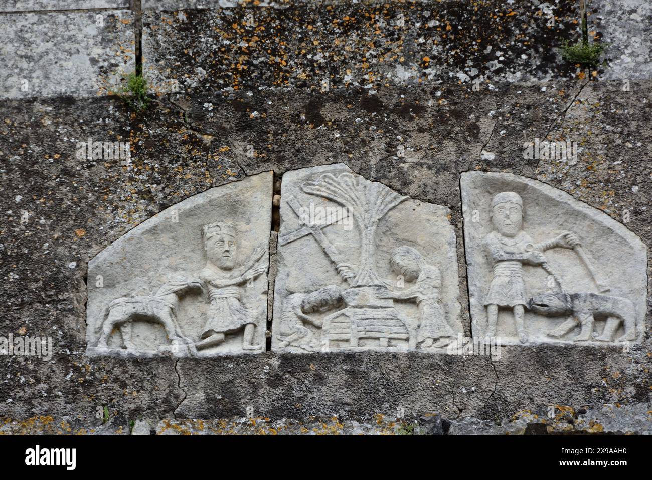 Eglise Notre-Dame de Bouresse, Vienne (86). Stone carving showing ...