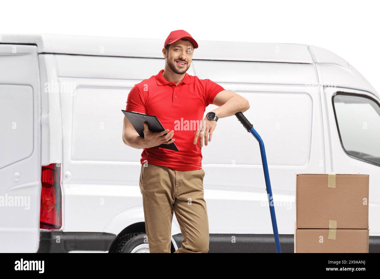 Delivery van and a male worker with boxes and a hand truck isolated on ...