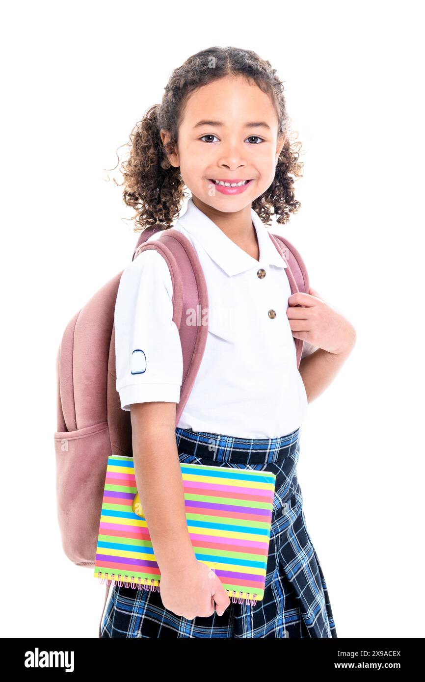 Education Concept. Portrait of black girl with backpack isolated on ...