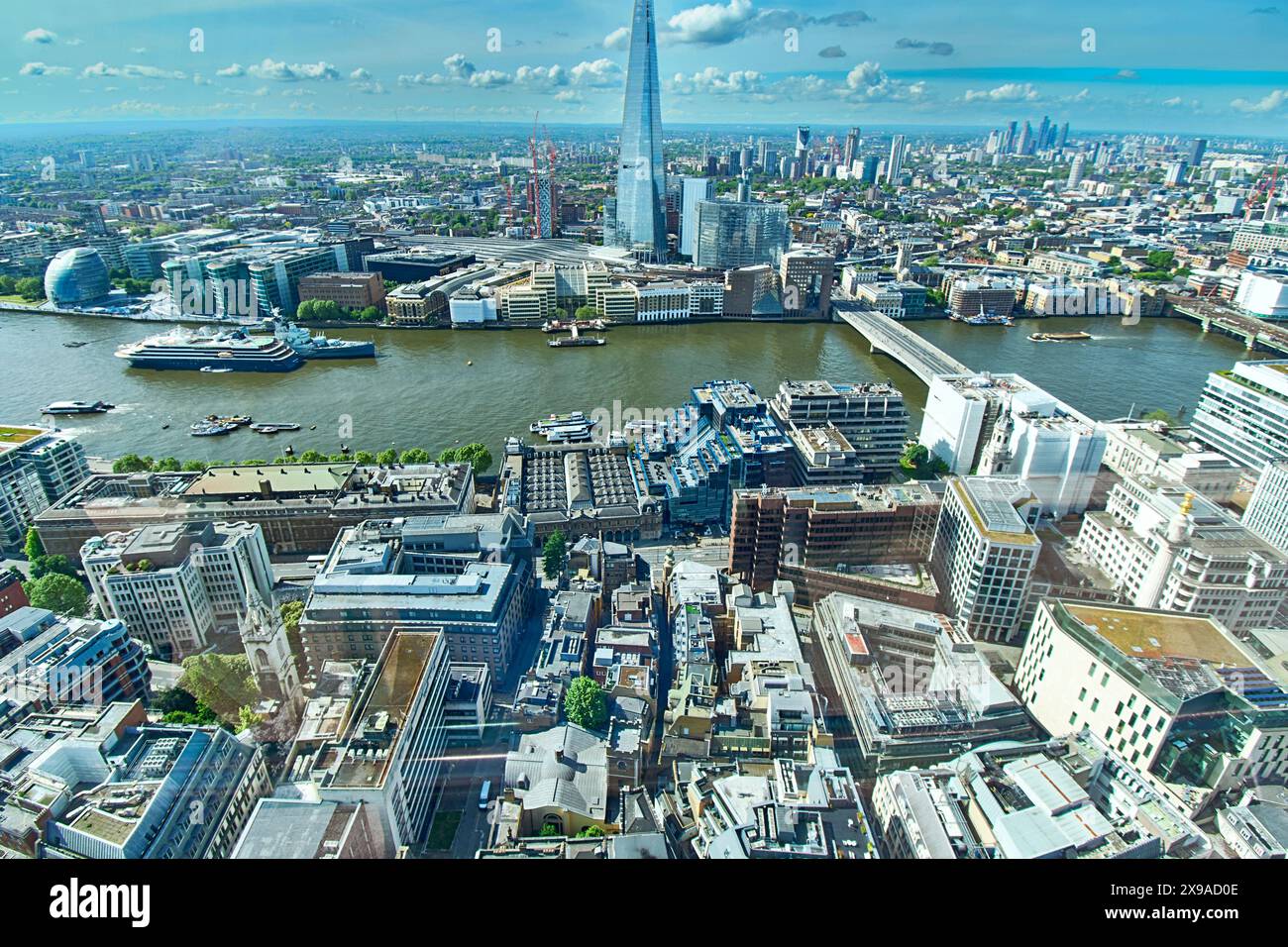 London panoramic view across River Thames the Shard and HMS Belfast and ...