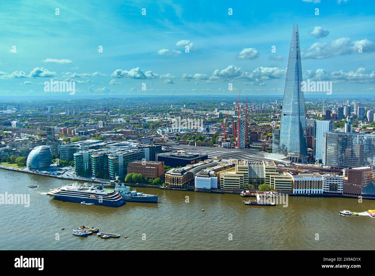 London panoramic view across River Thames the Shard and HMS Belfast and ...