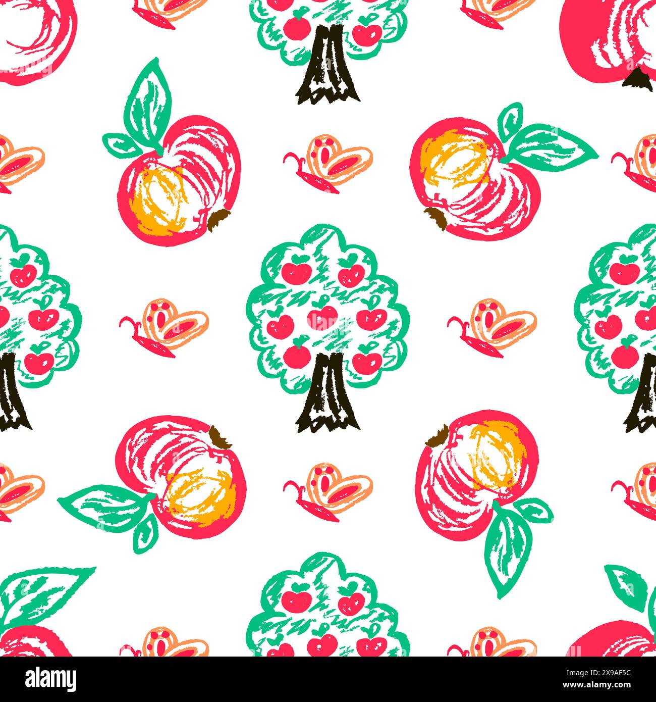 Seamless pattern. Children's drawings with wax crayons. Apple trees ...