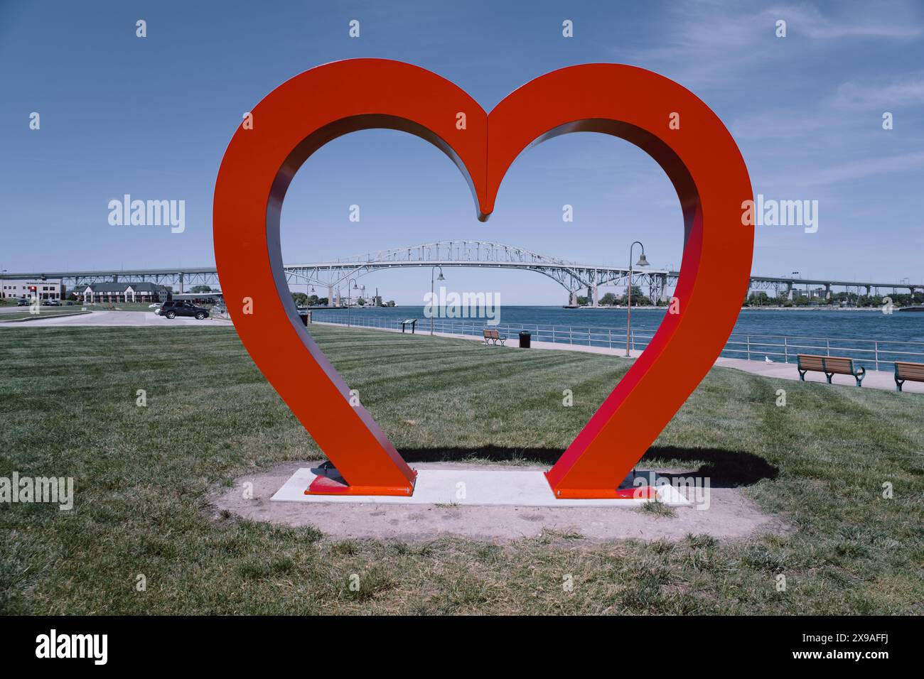 Heart sculpture and the Blue Water Bridge, Port Huron Michigan USA ...