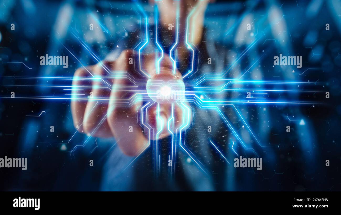 Digitalization Concept: Human Finger Pushes Touch Screen Button and ...