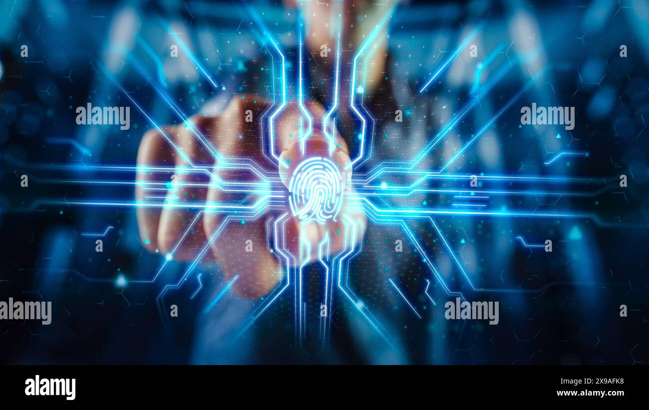 Digitalization Concept: Human Finger Pushes Touch Screen Button and ...