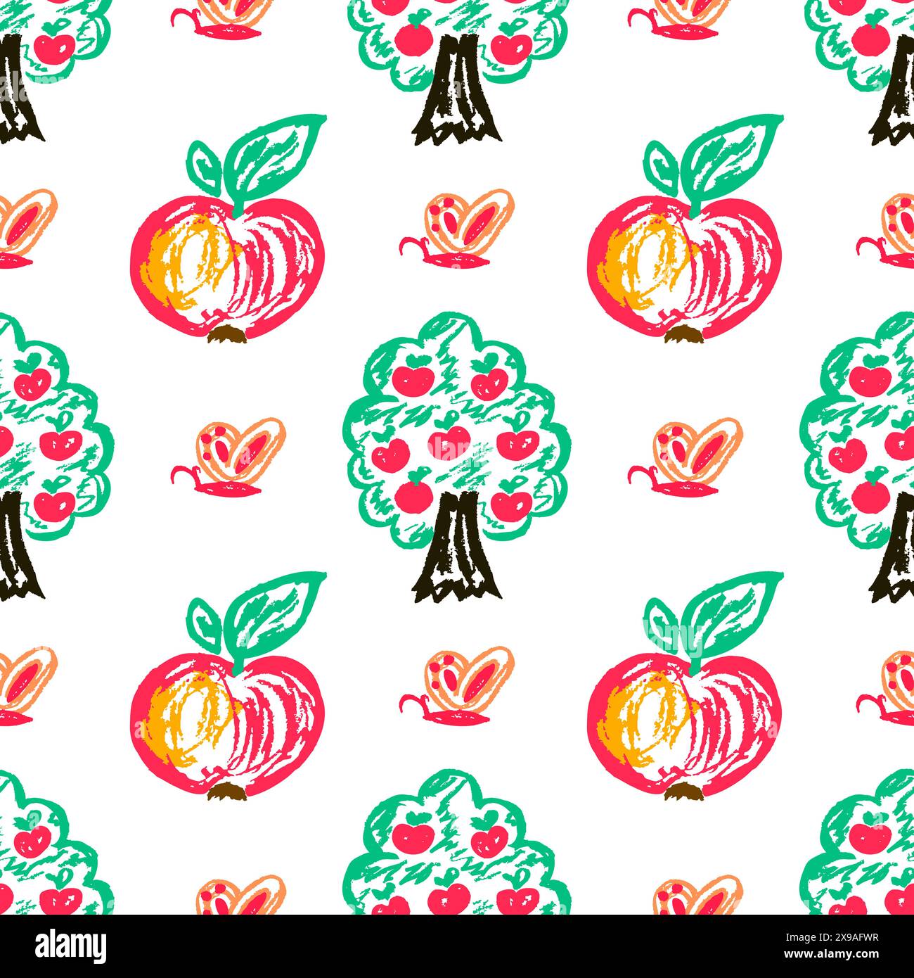 Seamless pattern. Children's drawings with wax crayons. Apple trees ...