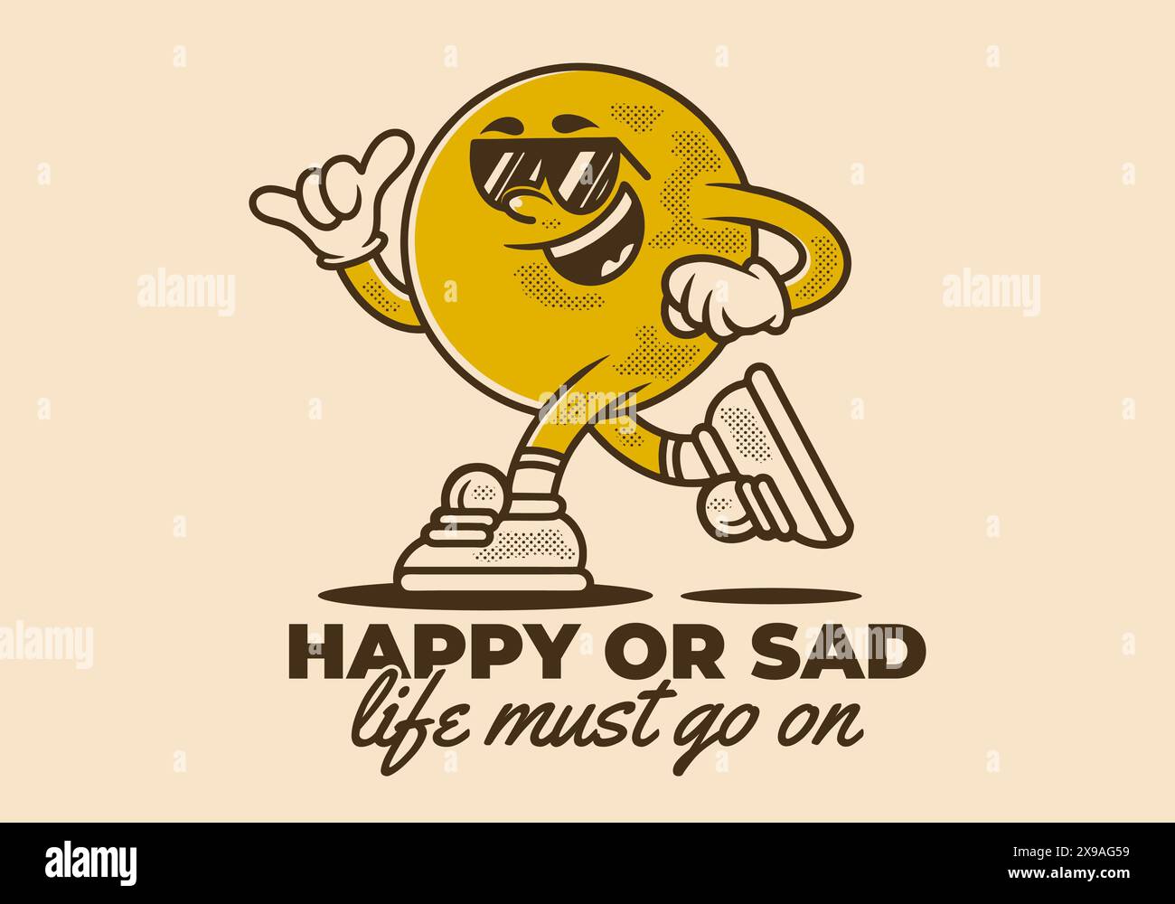 Happy or sad, life must go on. Mascot character illustration of ball ...