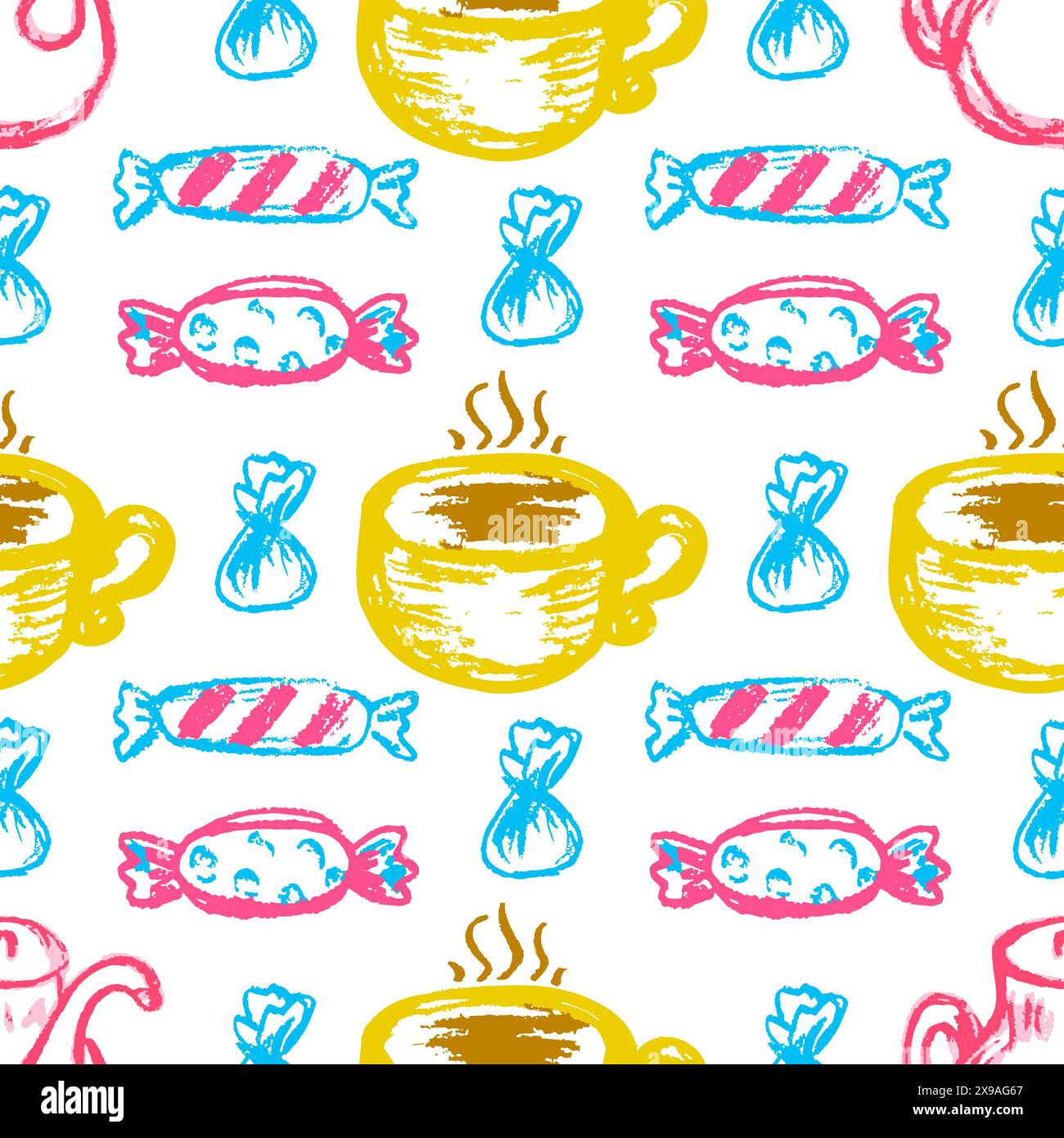 Seamless pattern. Cup, pastry and candy. Children's drawings with wax ...