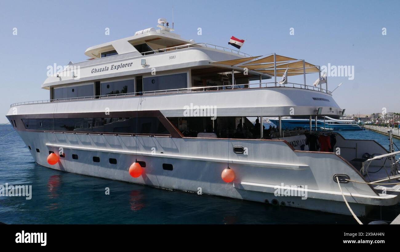 Dive boat Ghazala Explorer in the marina at Hurghada, Egypt Stock Photo ...