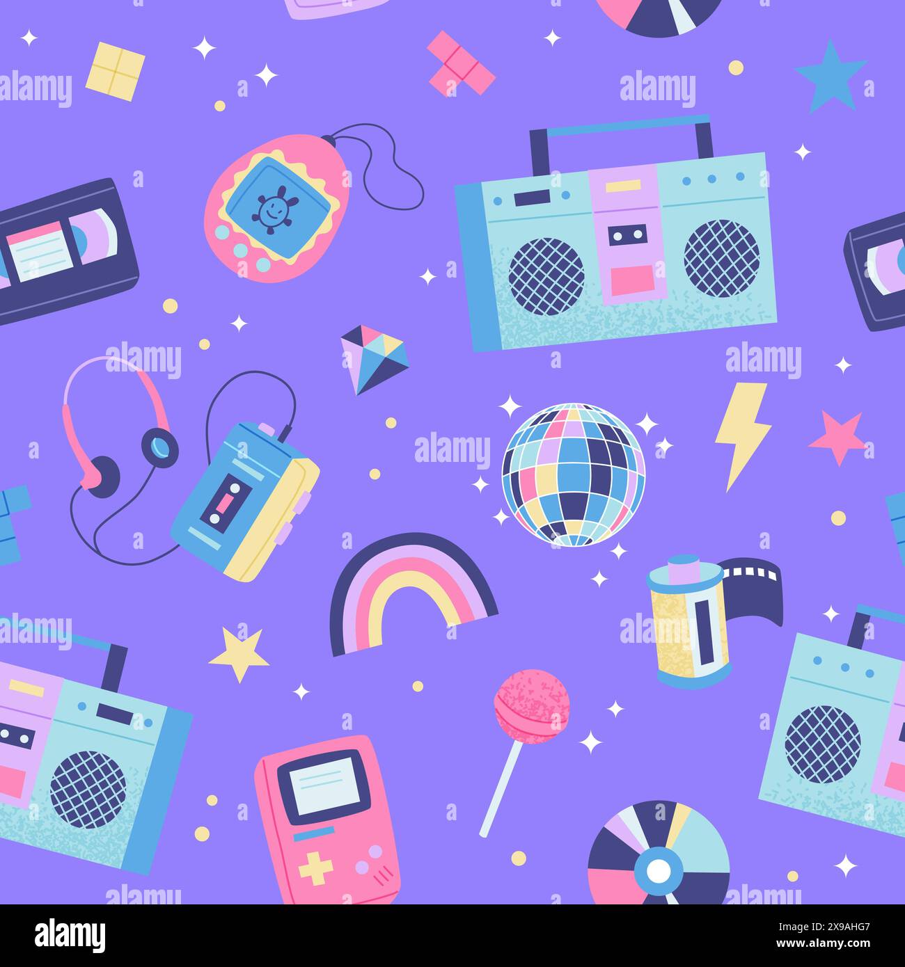 90s retro seamless pattern. Cute bright multicolor elements on purple ...