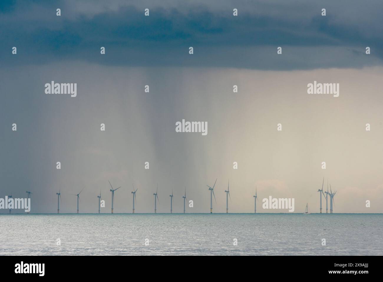 Brighton, May 30th 2024: Rain over the Rampion Wind Farm in the English ...