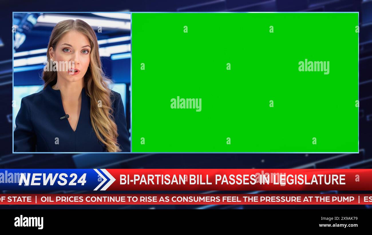 Split Screen TV News Live Report: Anchor Talks, Reporting. Reportage ...